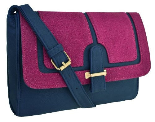 Carina Small Faux Leather Suedette Shoulder Bag Raspberry Navy - EYECATCH.COM
